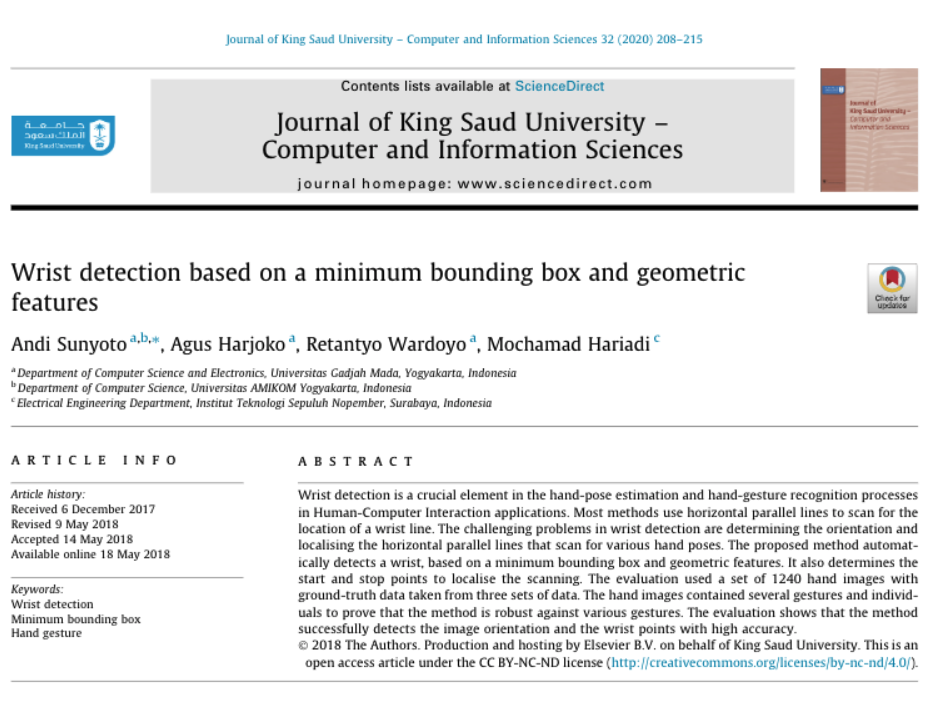 [Publikasi] Wrist detection based on a minimum bounding box and geometric features – Kecerdasan ...